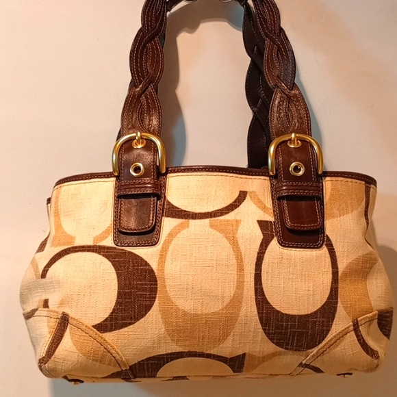 Coach | Bags | Coach Handbag Beige Canvas Like Material Leather Straps ...